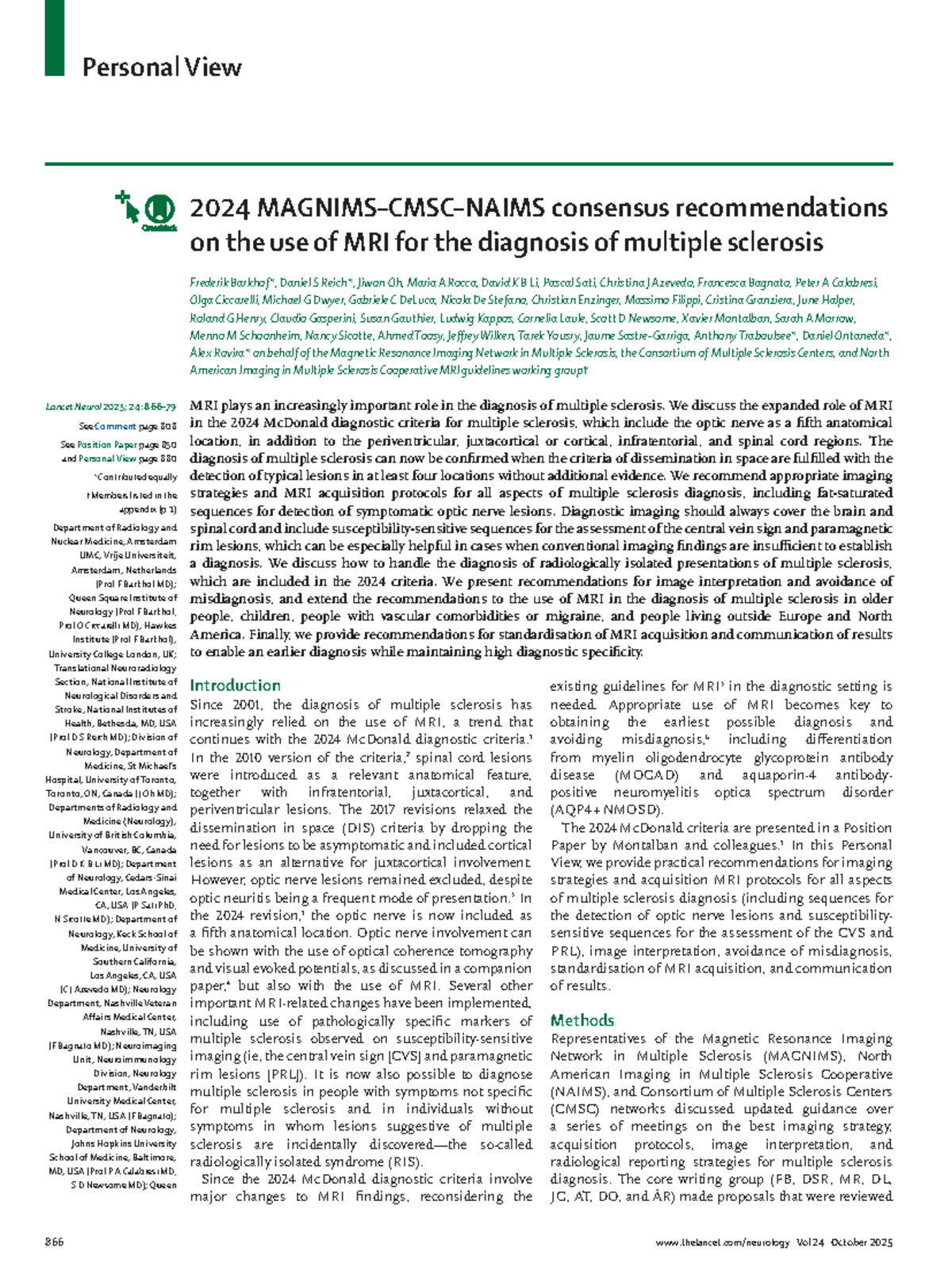 2024 MRI Guidelines for Diagnosing Multiple Sclerosis: A Consensus ...
