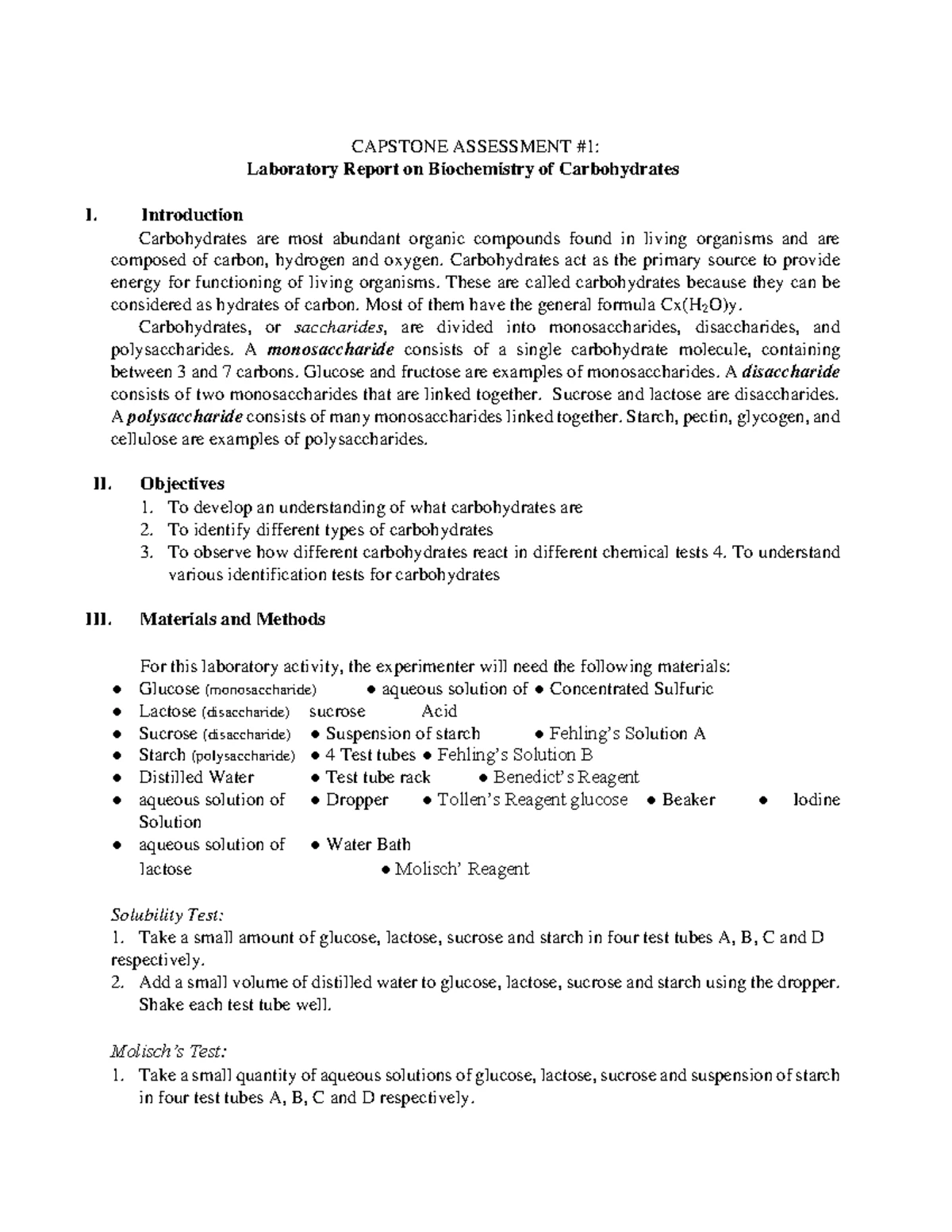 Laboratory Report on Biochemistry of Proteins - CAPSTONE ASSESSMENT #2: Qualitative Analysis of ...