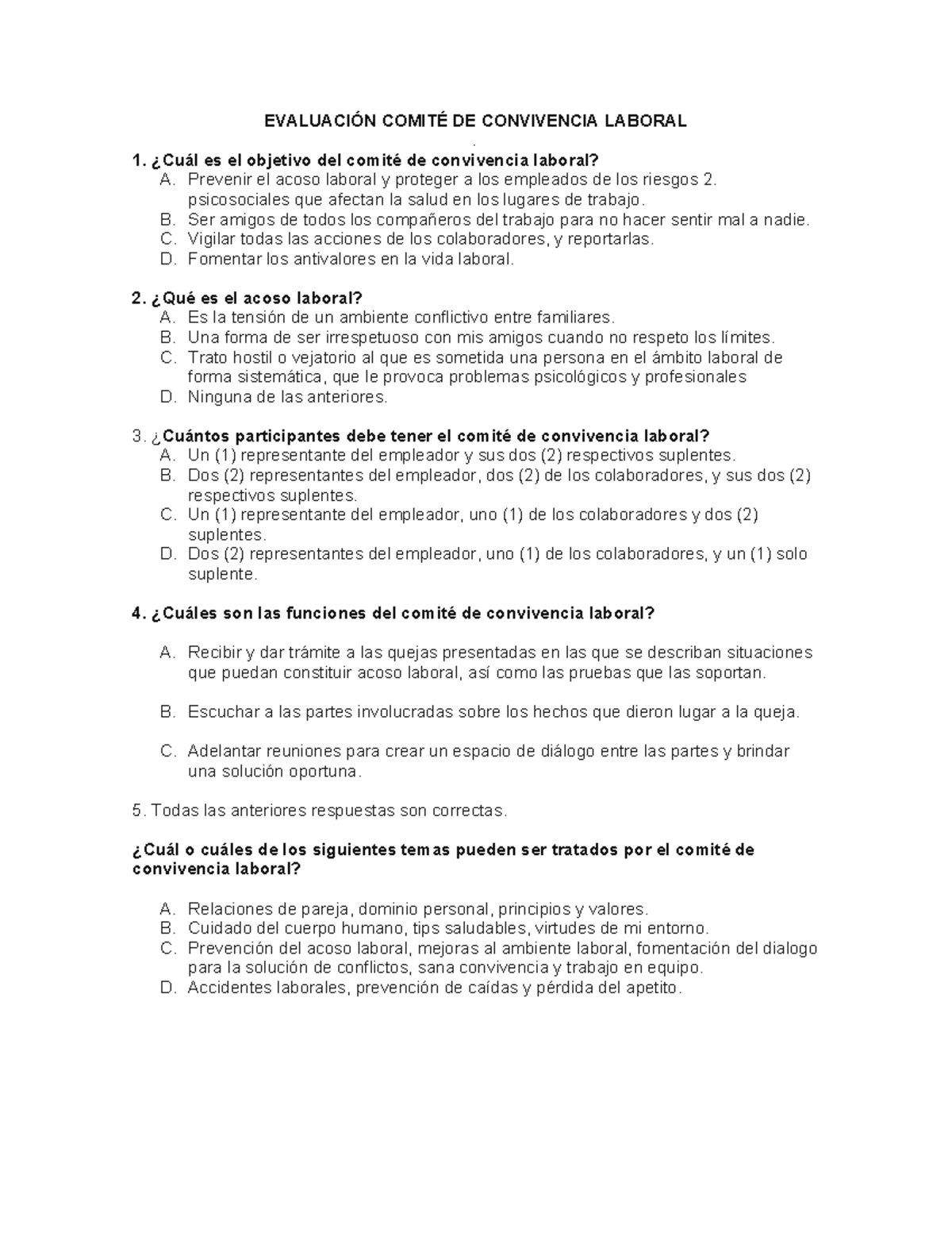 Evaluación del Comité de Convivencia Laboral: Objetivos y Funciones - Studocu