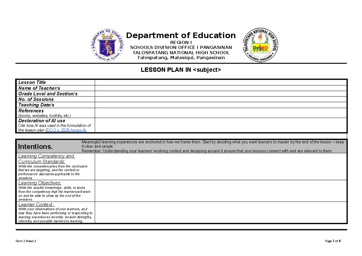 Lesson Plan Template for Grade Level - Term 1 Week 1 - Studocu