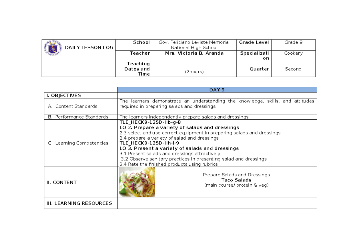 Grade 9 Cookery Daily Lesson Log: Preparing Salads & Dressings - Studocu