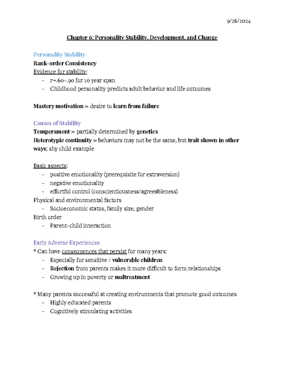 Theories of Personality: Chapter 6 - Stability, Development, and Change - Studocu