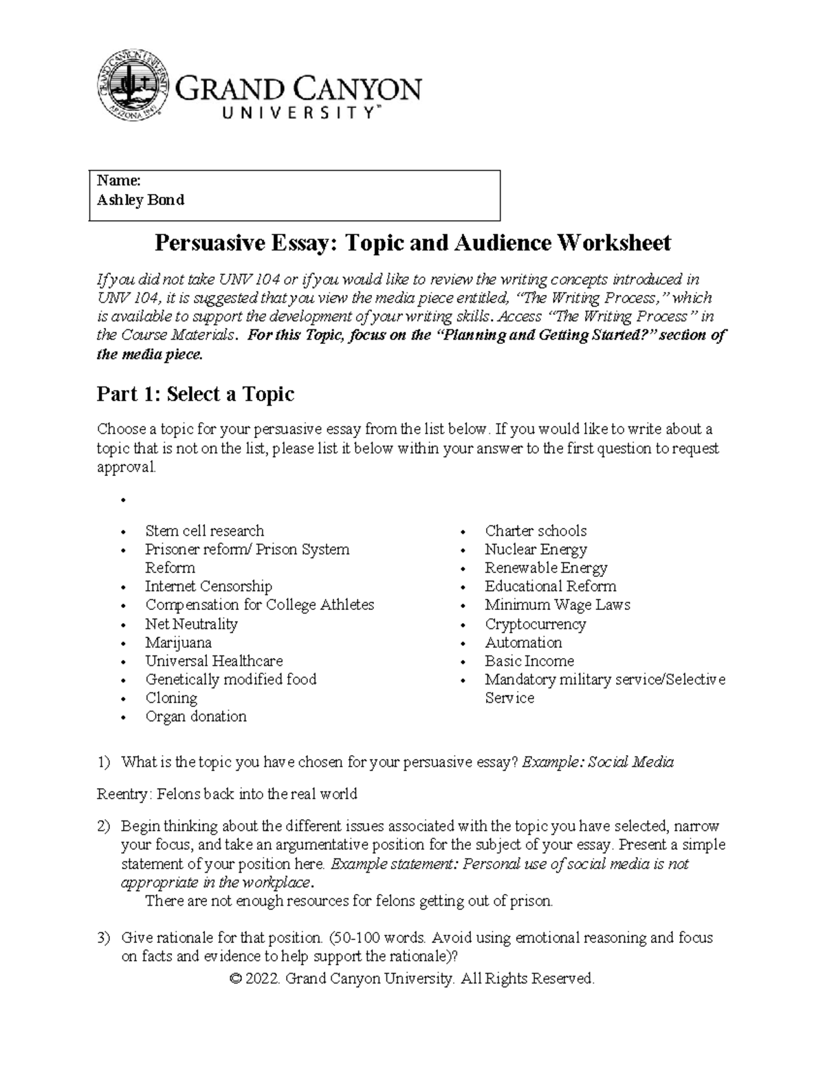 UNV 104 Persuasive Essay: Topic Selection and Audience Analysis ...