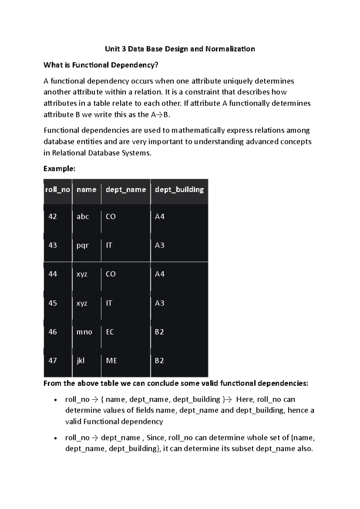 Unit 3: DB Design & Normalization - Understanding Functional Dependency - Studocu
