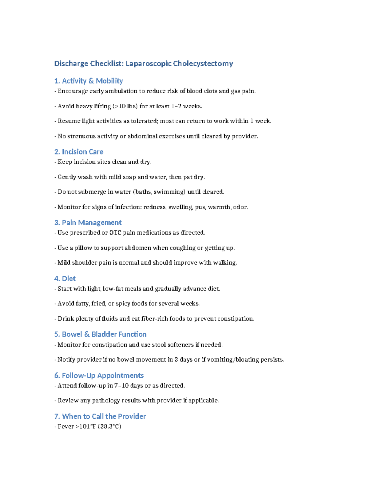 Laparoscopic Cholecystectomy Discharge Checklist - Discharge Checklist ...