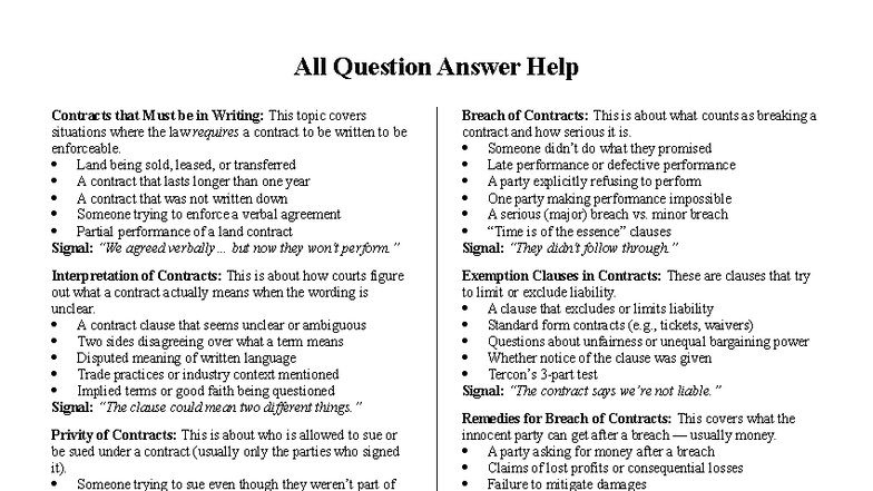 Final Cheat Sheet for Contracts Law (LAW 101) - Studocu