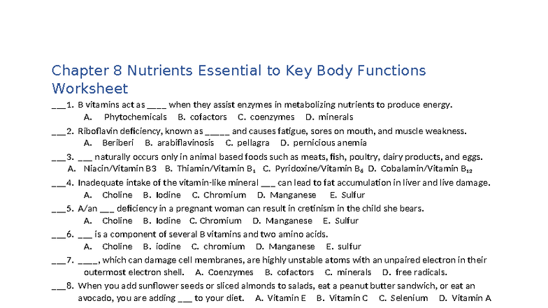 Chapter 8: Nutrients Essential to Key Body Functions Worksheet - Studocu
