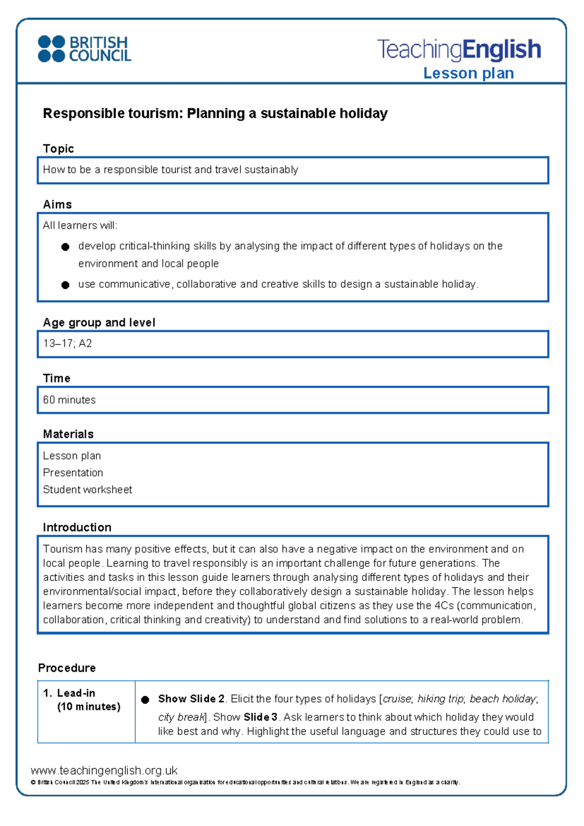 Responsible Tourism: Sustainable Holiday Planning - Lesson Plan A2 ...