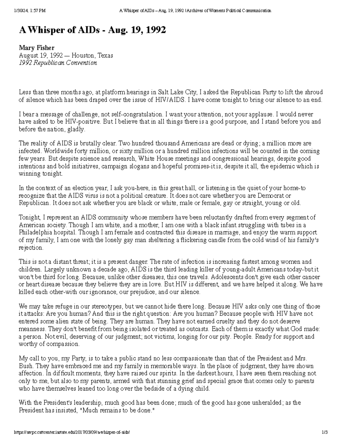 A Whisper of AIDs: Mary Fisher's 1992 Republican Convention Speech - Studocu