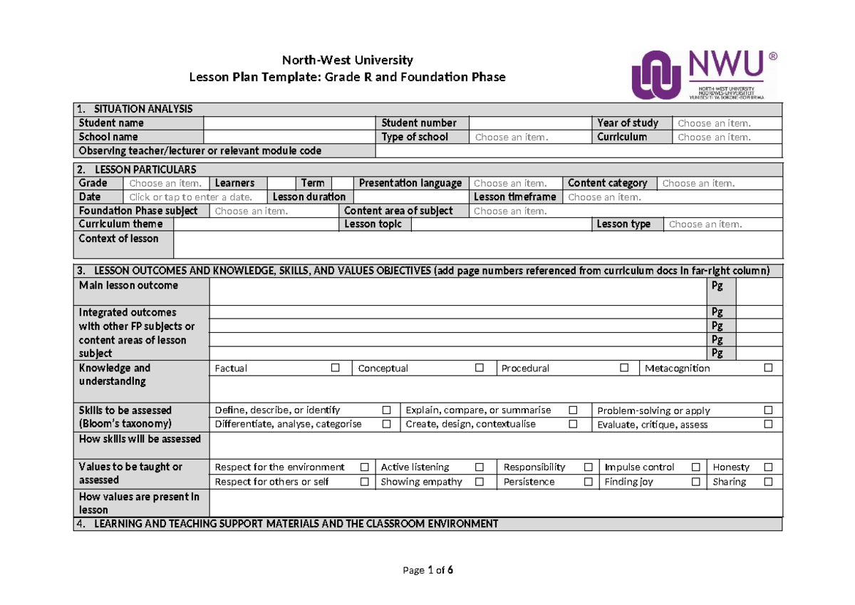 Foundation Phase Lesson Plan Template: Grade R & Diploma - Studocu