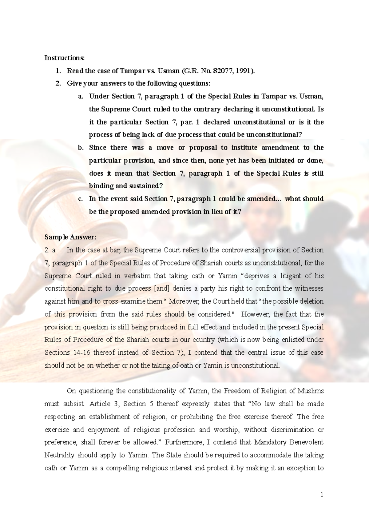 Tampar vs. Usman Q&A - Instructions: 1. Read the case of Tampar vs ...