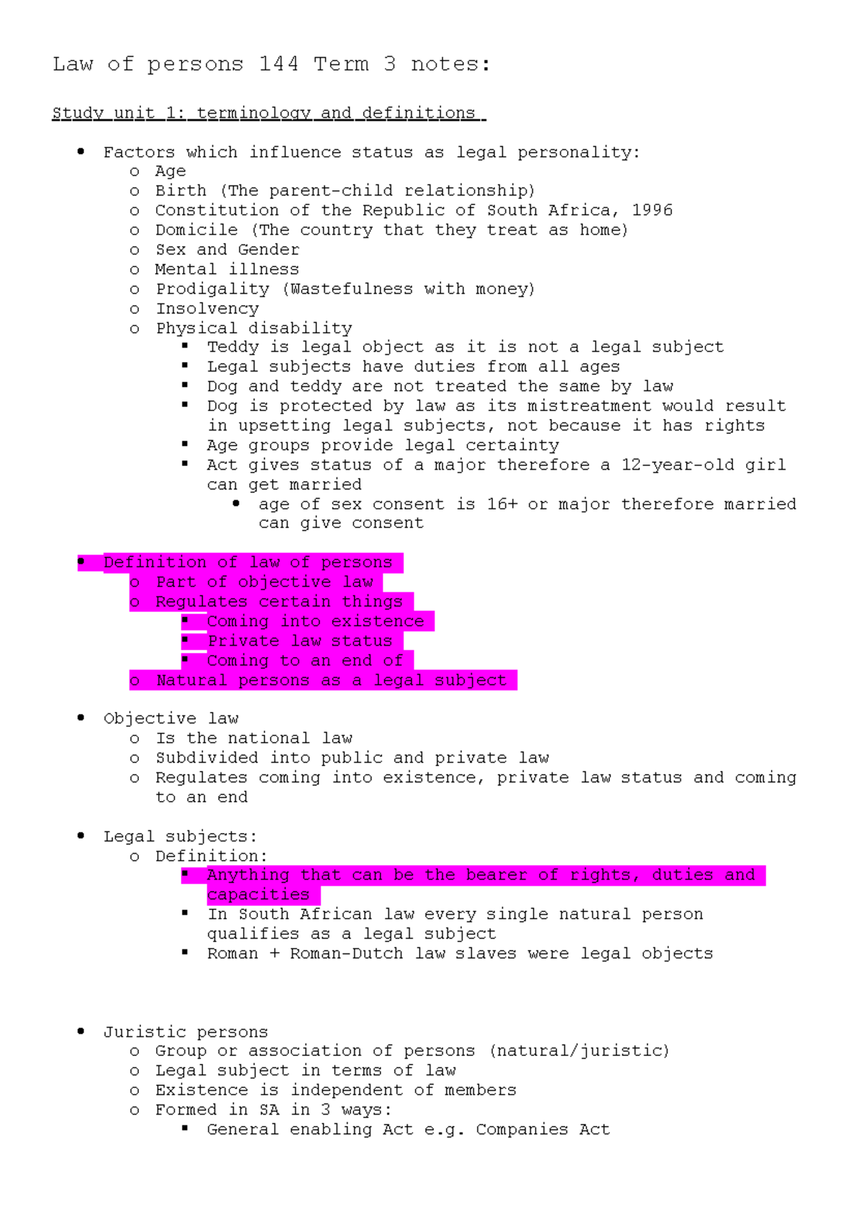 Law of persons 144 Term 3 notes - Law of persons 144 Term 3 notes ...