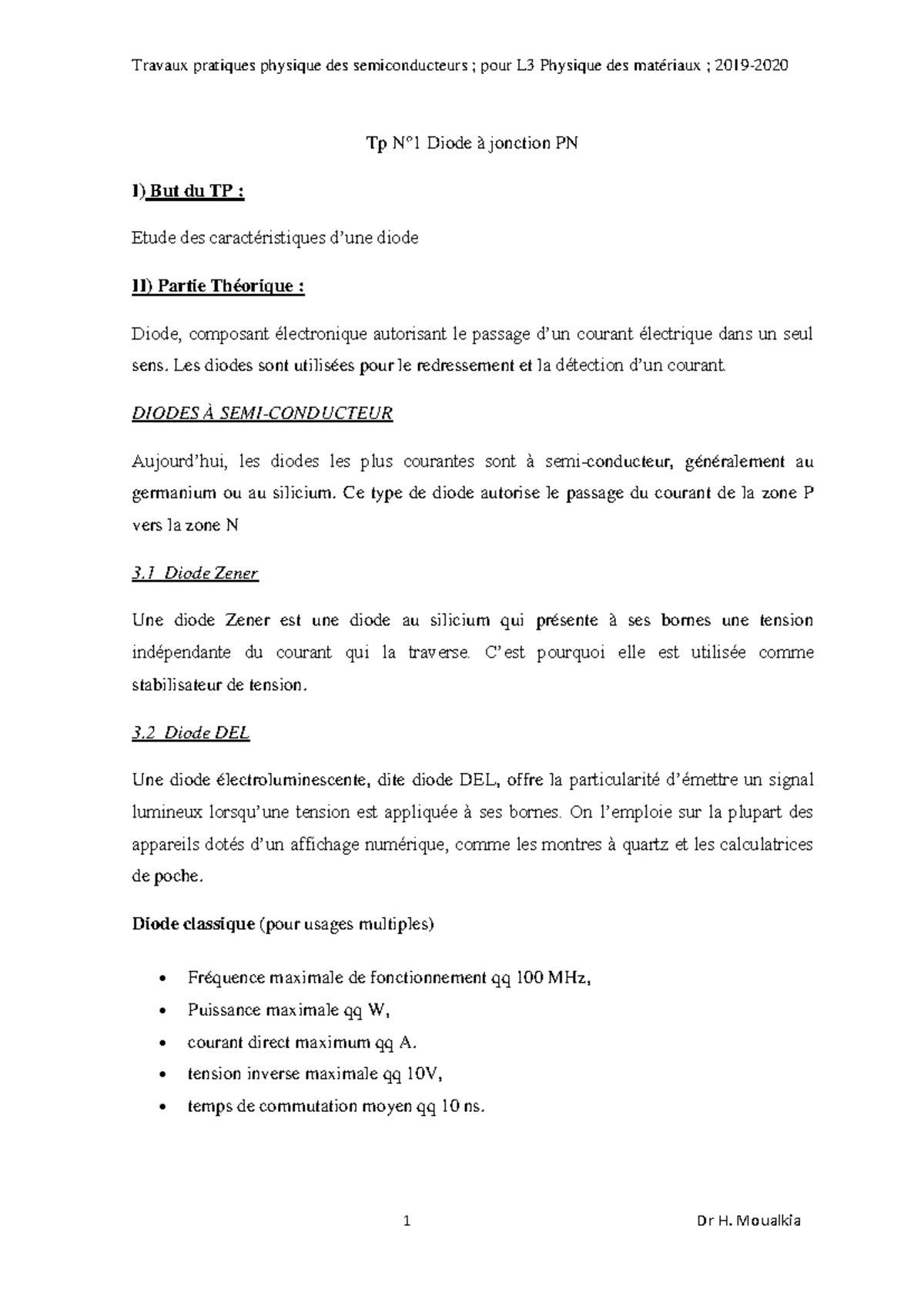 TP1 PE: Caractéristiques des Diodes à Jonction PN - L3 Physique des Matériaux - Studocu