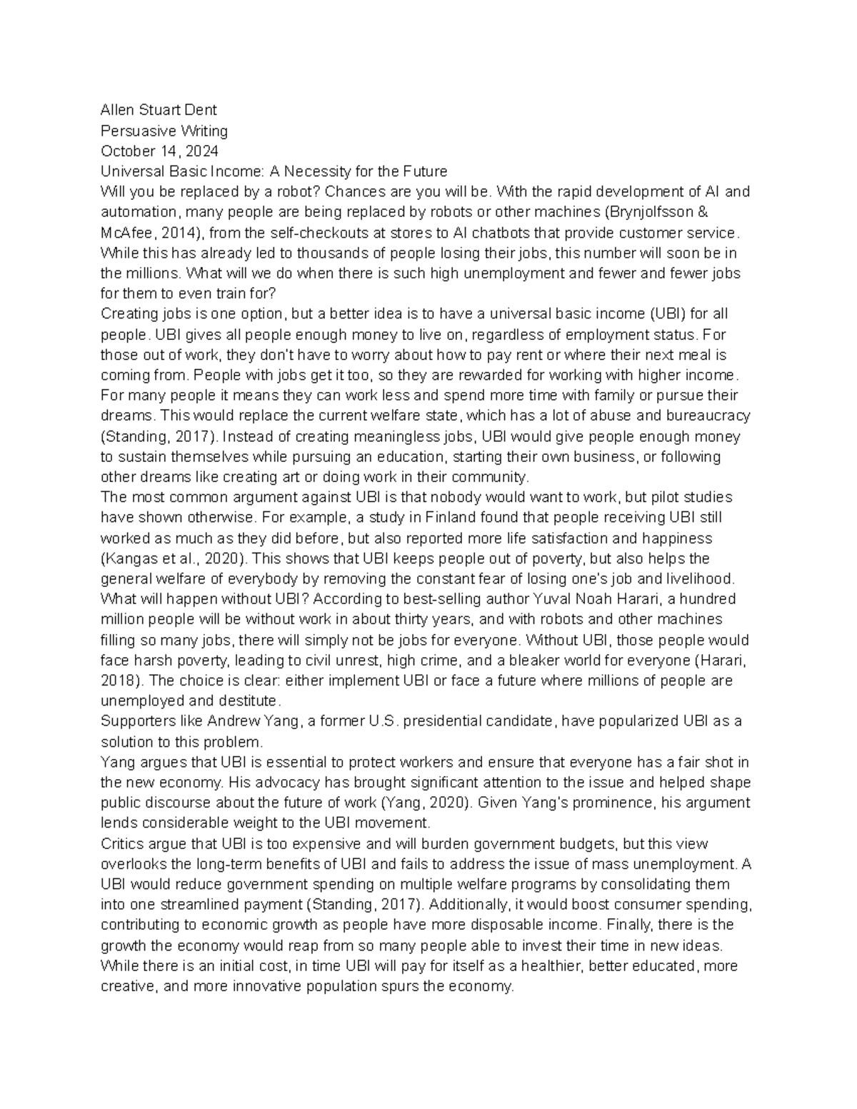 ENG 101 Persuasive Essay: Universal Basic Income as a Future Necessity ...