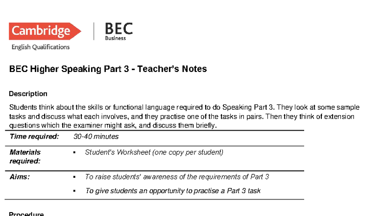 BEC Higher Speaking Part 3: Skills & Task Practice Notes - Studocu