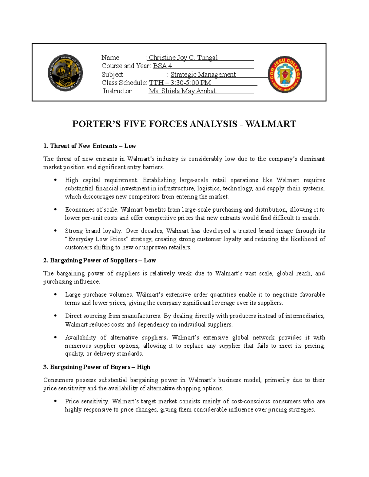 BSA 4 Strategic Management: Five Forces Analysis of Walmart - Studocu