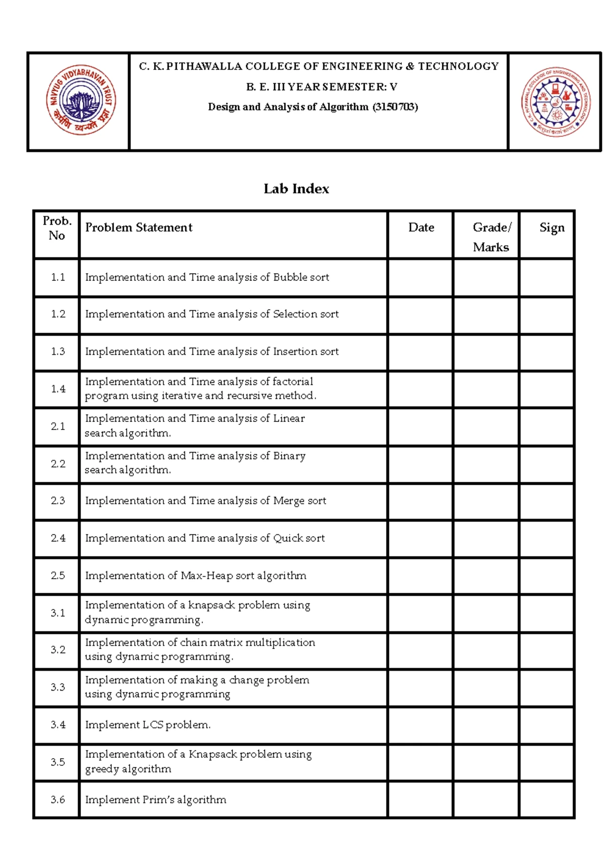 Ada que bank - question bank - Analysis and Design of Algorithms (3150703) Theory Assignment ...