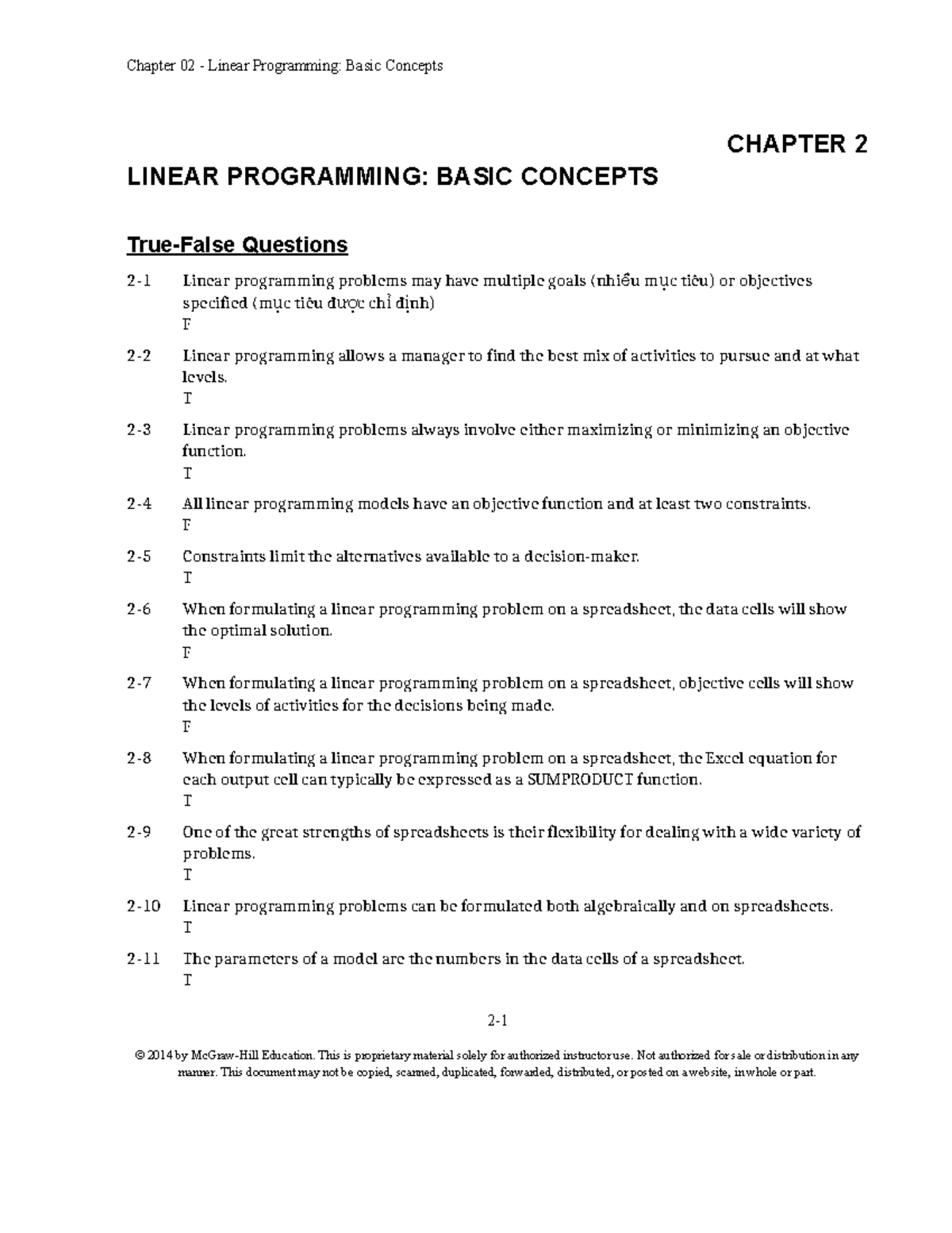 TBChap 002 - KHQT - cô Lê Phương Giao Linh - CHAPTER 2 LINEAR PROGRAMMING: BASIC CONCEPTS True ...