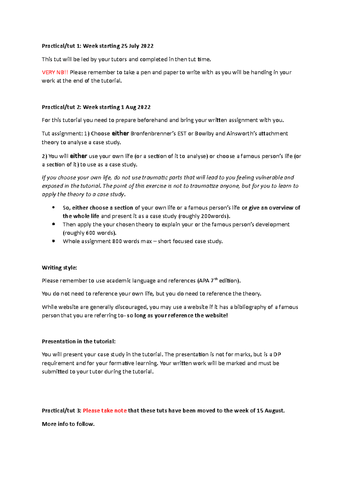 Dev Psych 2 Tutorials Overview and Case Study Assignments - Studocu