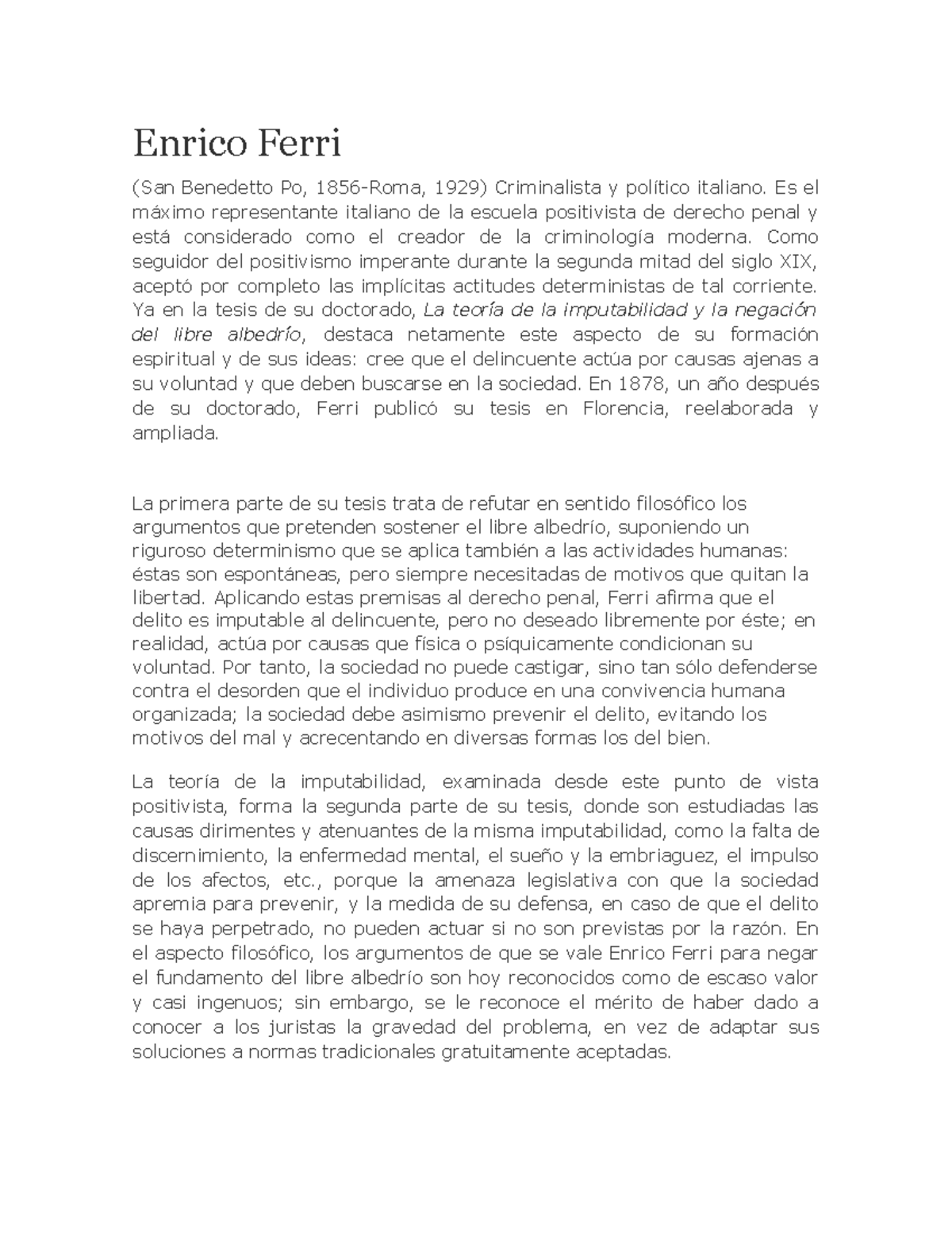 Enrico Ferri: Resumen de su Teoría Criminalista y Positivismo - Studocu