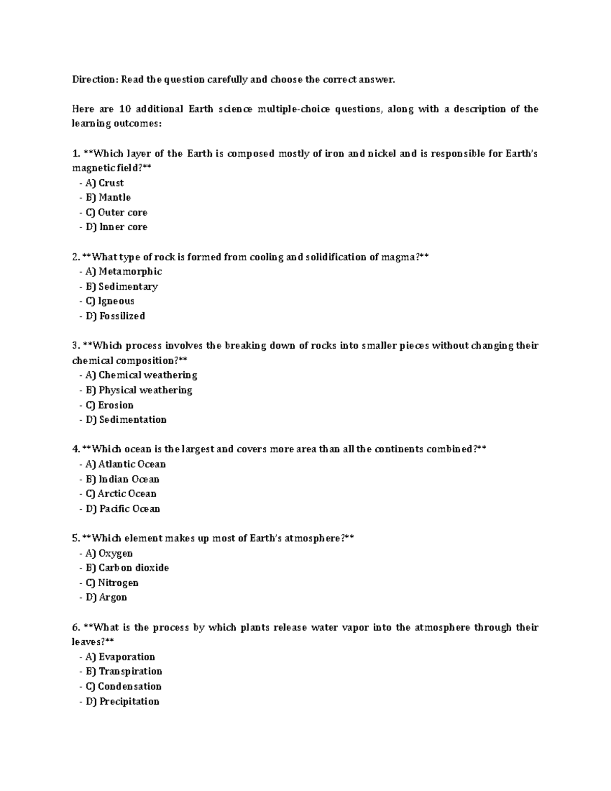 SAA10 - Earth Science Quiz Questions and Learning Outcomes - Studocu