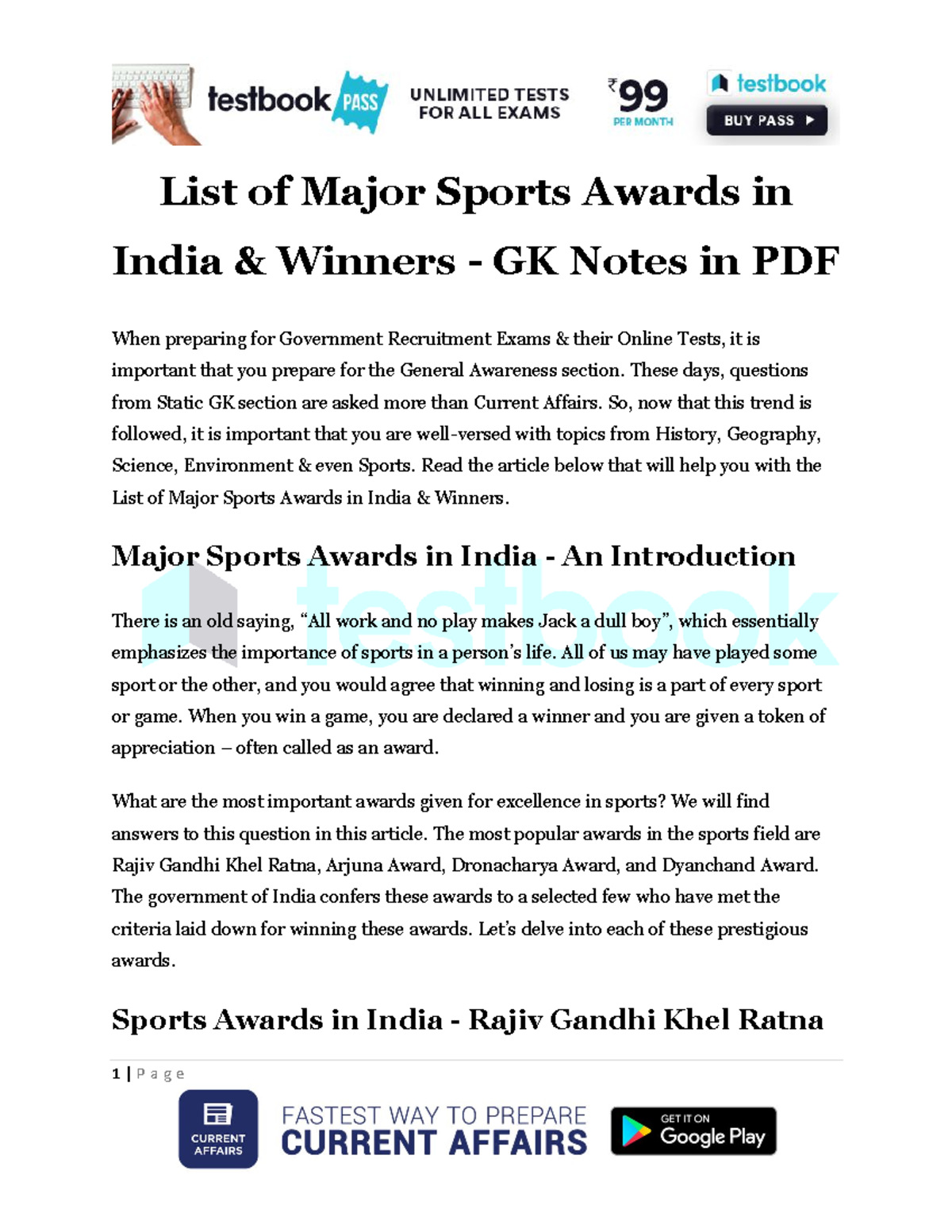 Major Sports Awards in India: GK Notes for Competitive Exams - Studocu