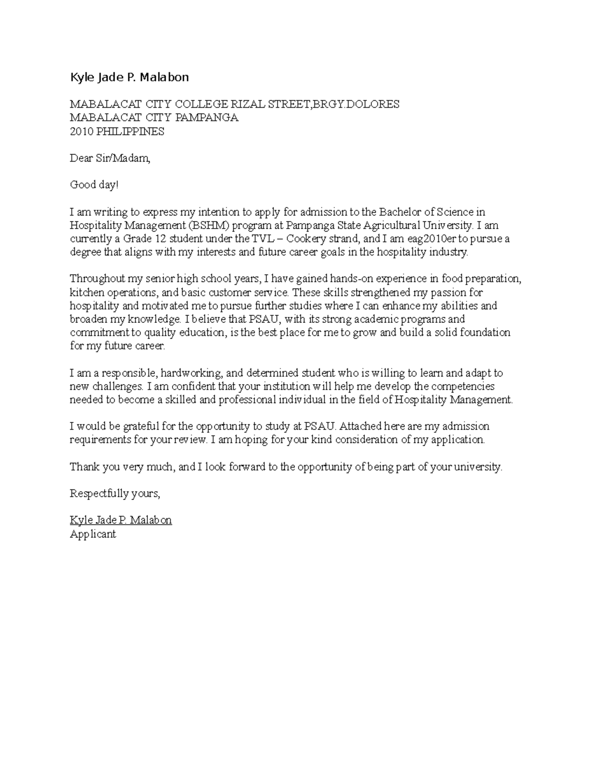 Application for BSHM Program at PSAU - Kyle Jade P. Malabon - Studocu