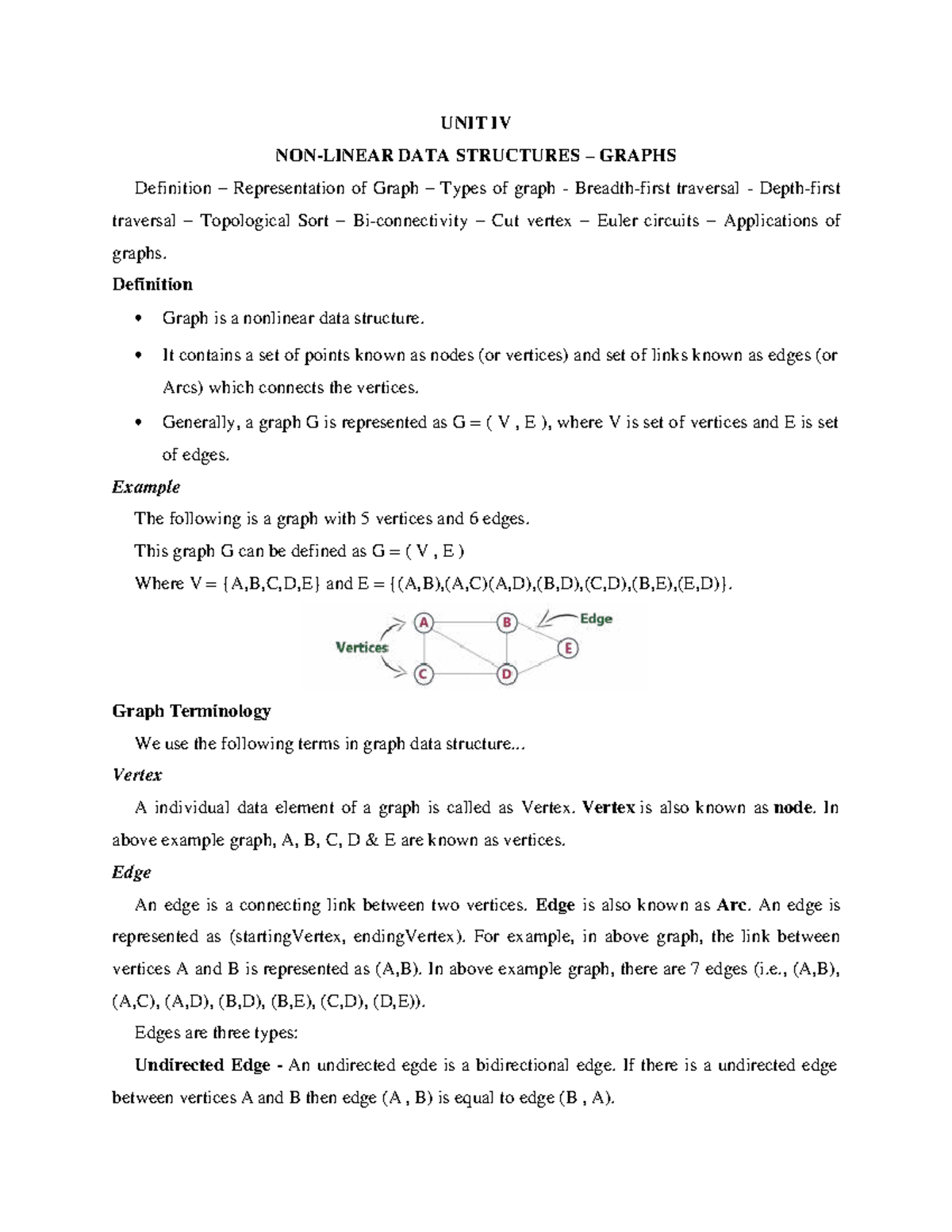 UNIT IV DATA STRUCTURES: GRAPHS & TRAVERSAL TECHNIQUES - Studocu