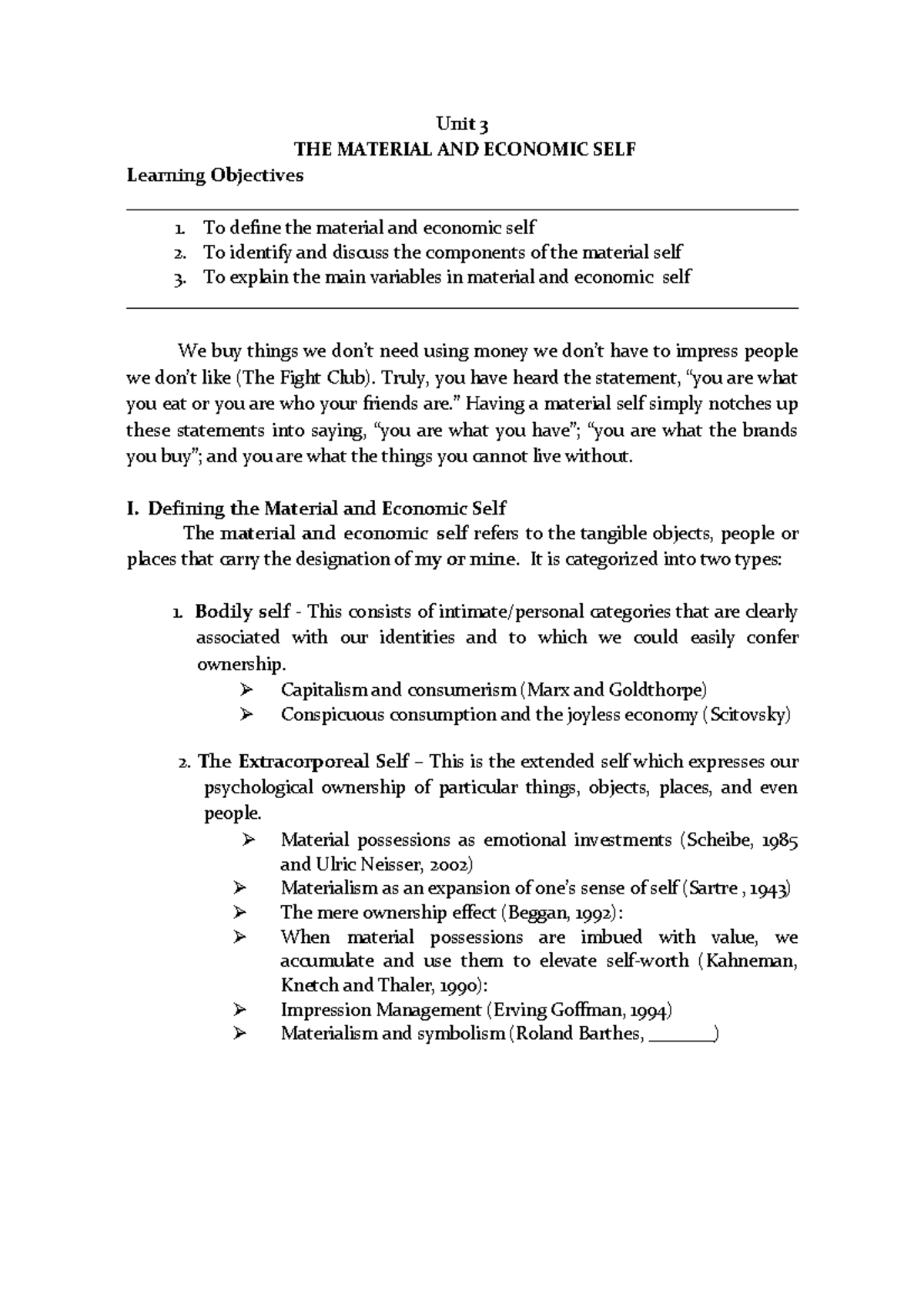 Chapter 2. Unit 3. Material and Economic Self - Unit 3 THE MATERIAL AND ...