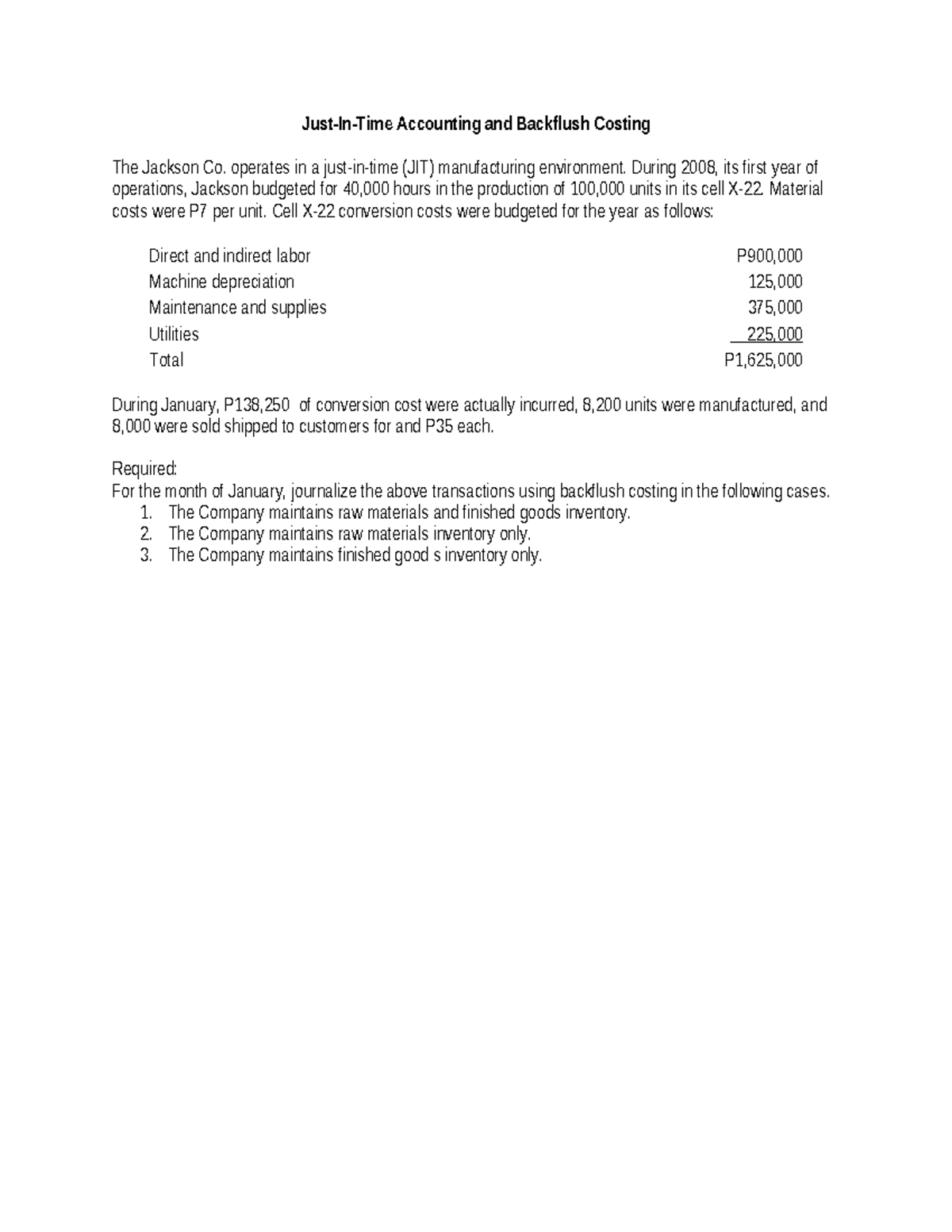 Just-In-Time Accounting and Backflush Costing Analysis for Jackson Co ...