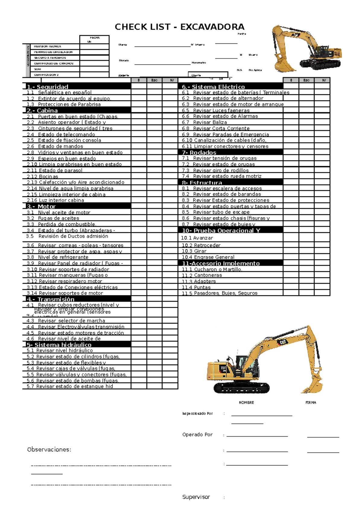 Check List for Excavadora Maintenance and Inspection - Studocu