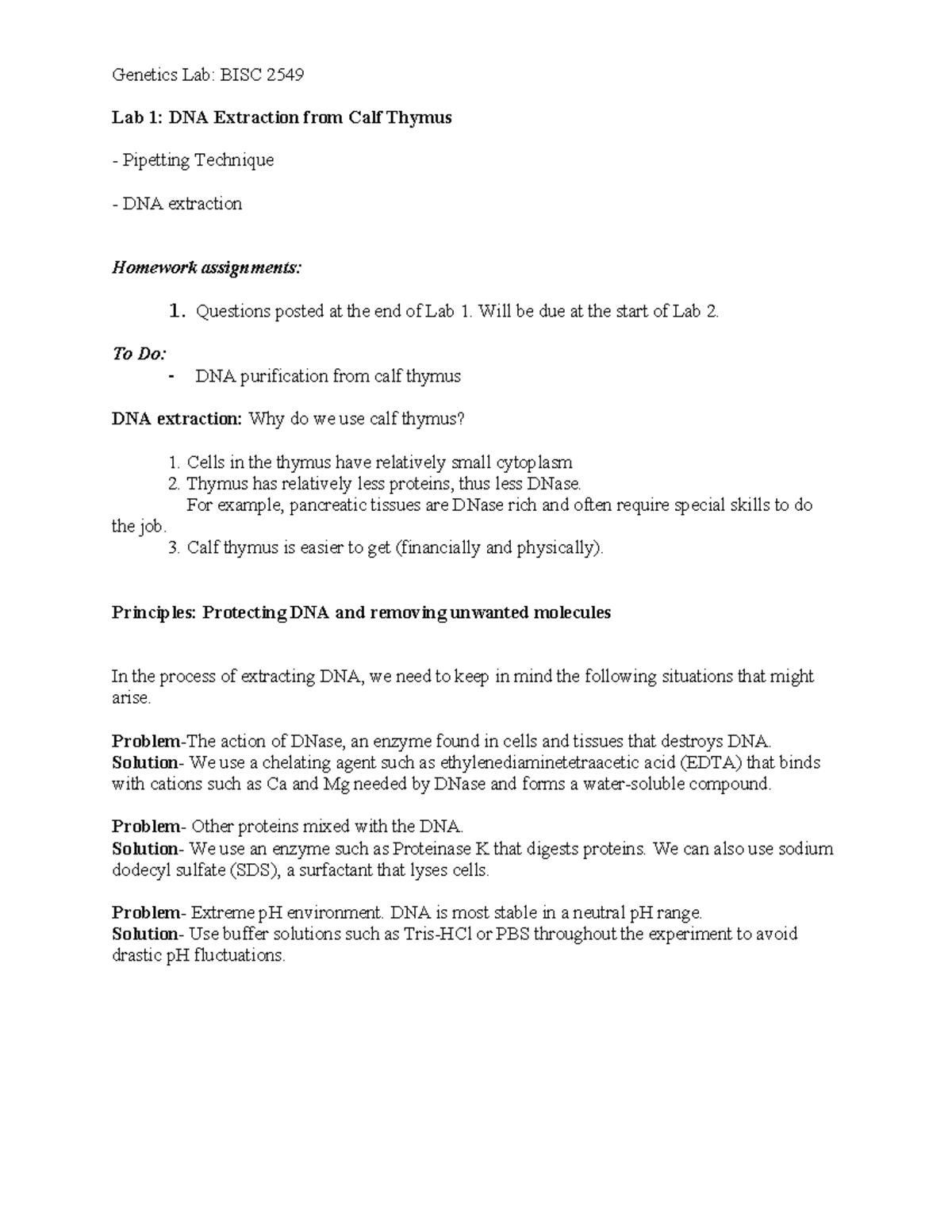 Genetics Lab 1: BISC 2549 - DNA Extraction Techniques and Homework ...
