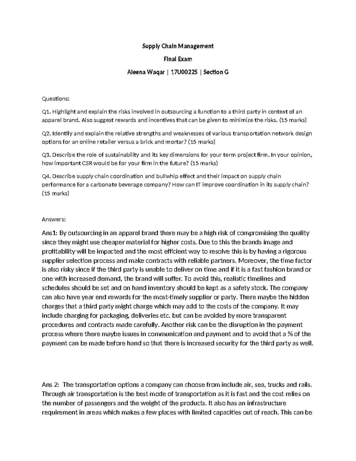 Supply Chain Management Final Exam 17U00225 Section G Questions ...