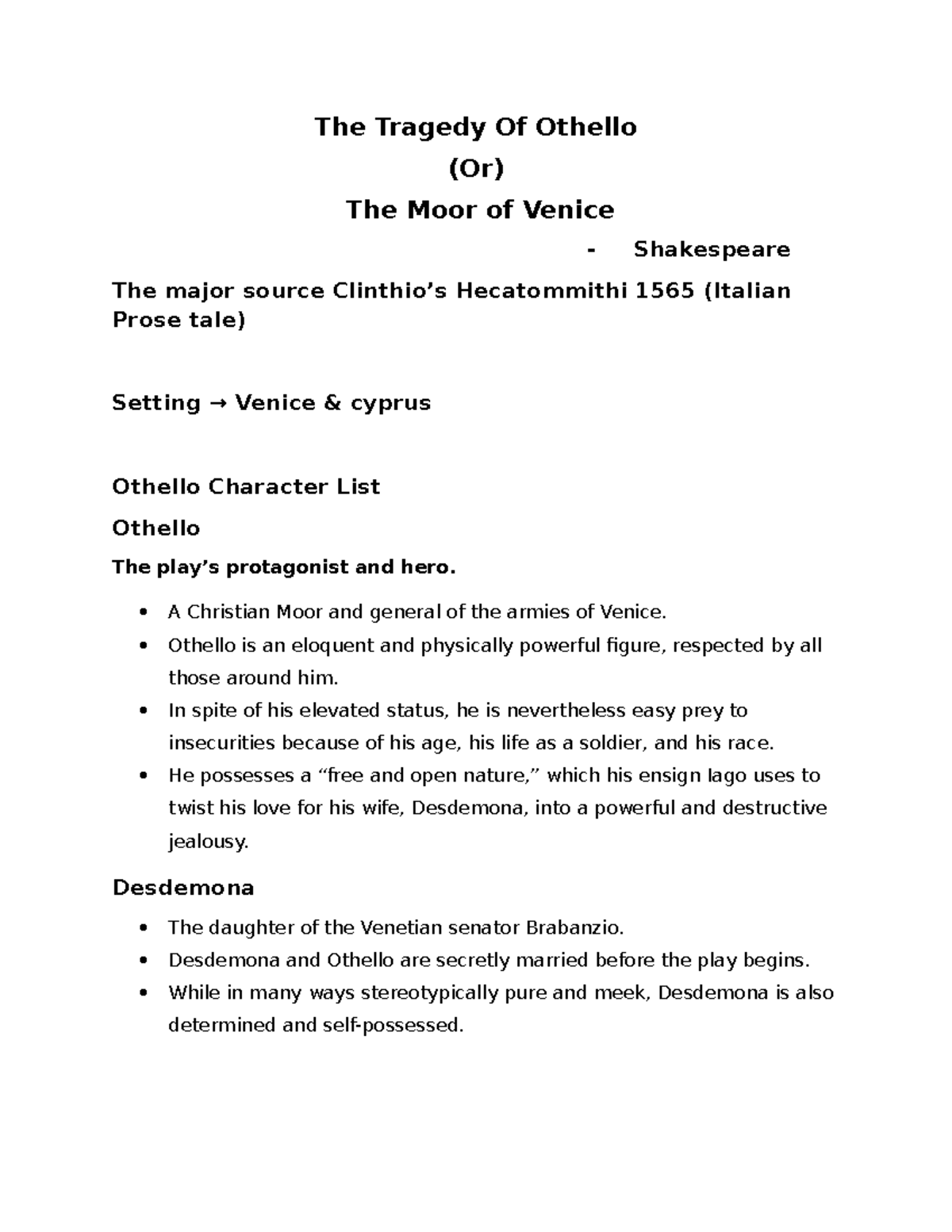 Othello (ENG101) Character Analysis and Themes Summary - Studocu