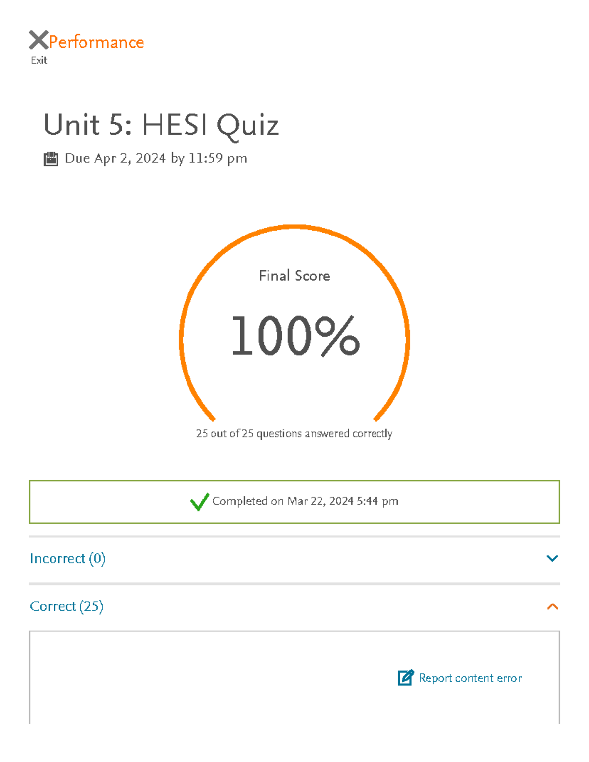 HESI Unit 5 Quiz Performance Report - Final Score: 100% - Studocu