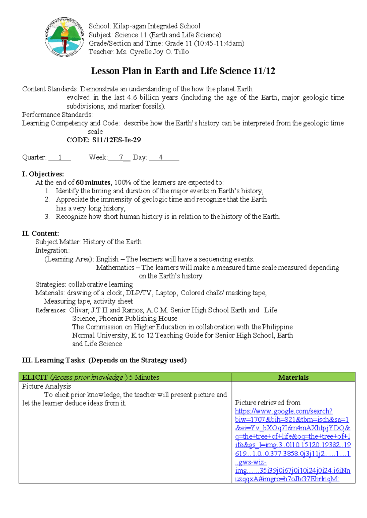Daily Lesson Plan: Earth & Life Science 11 - Week 7, Day 4 - Studocu