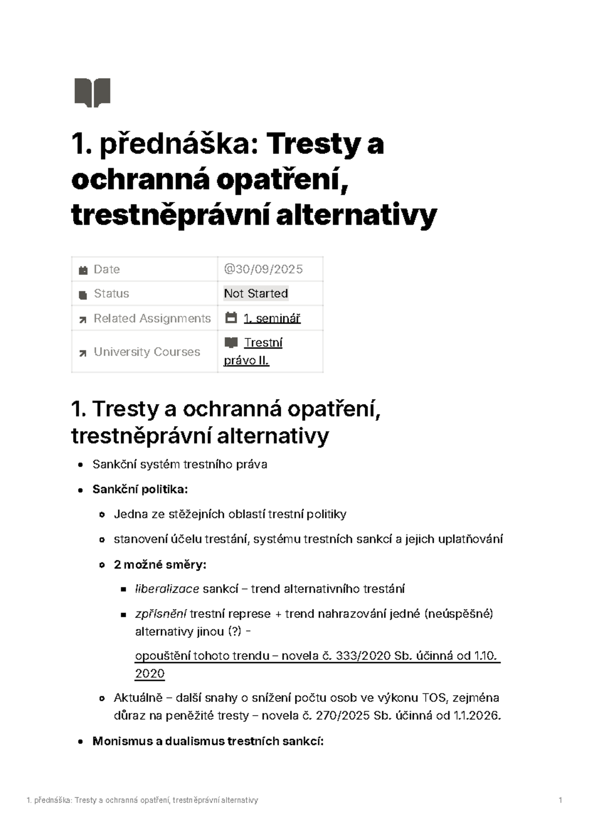 1. Přednáška: Tresty a Ochranná Opatření v Trestním Právu II - Studocu