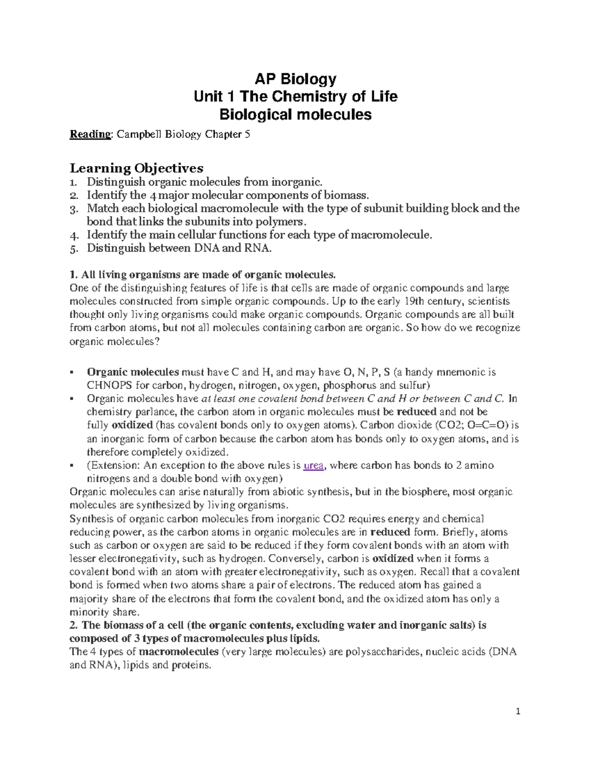 AP Biology Unit 1 - notes - AP Biology Unit 1 The Chemistry of Life ...