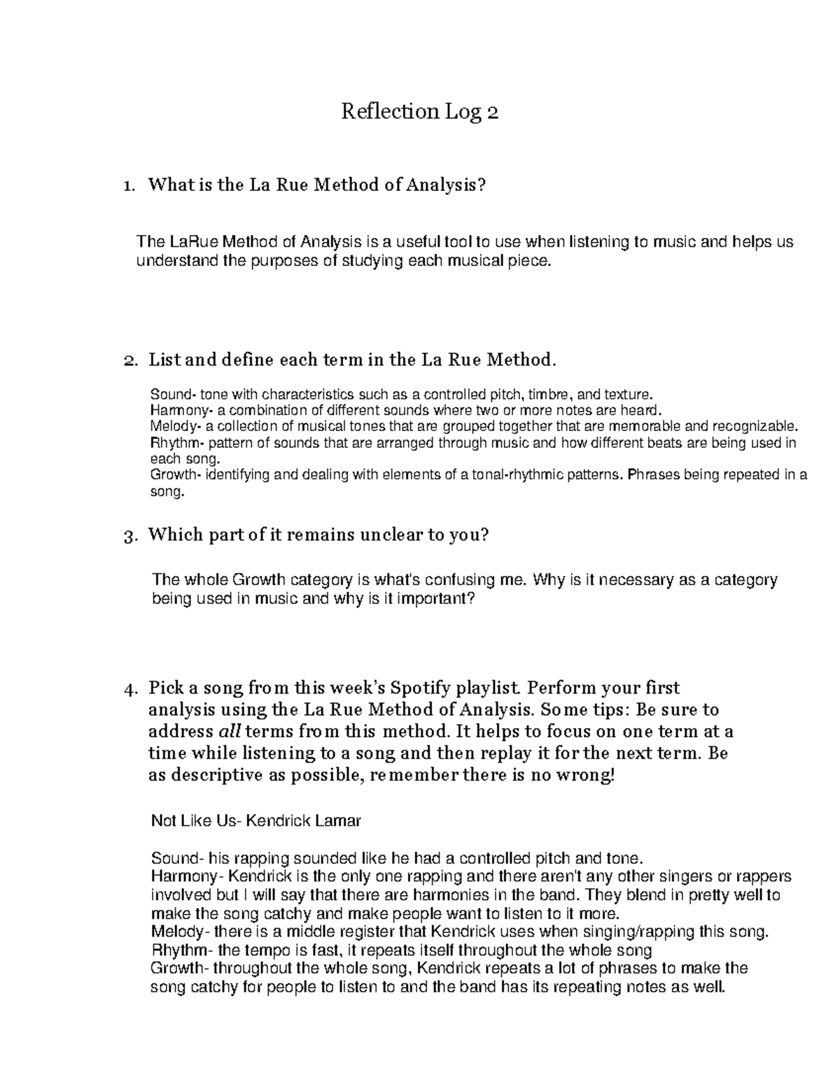Reflection log 2: Analyzing music using the La Rue method - Studocu