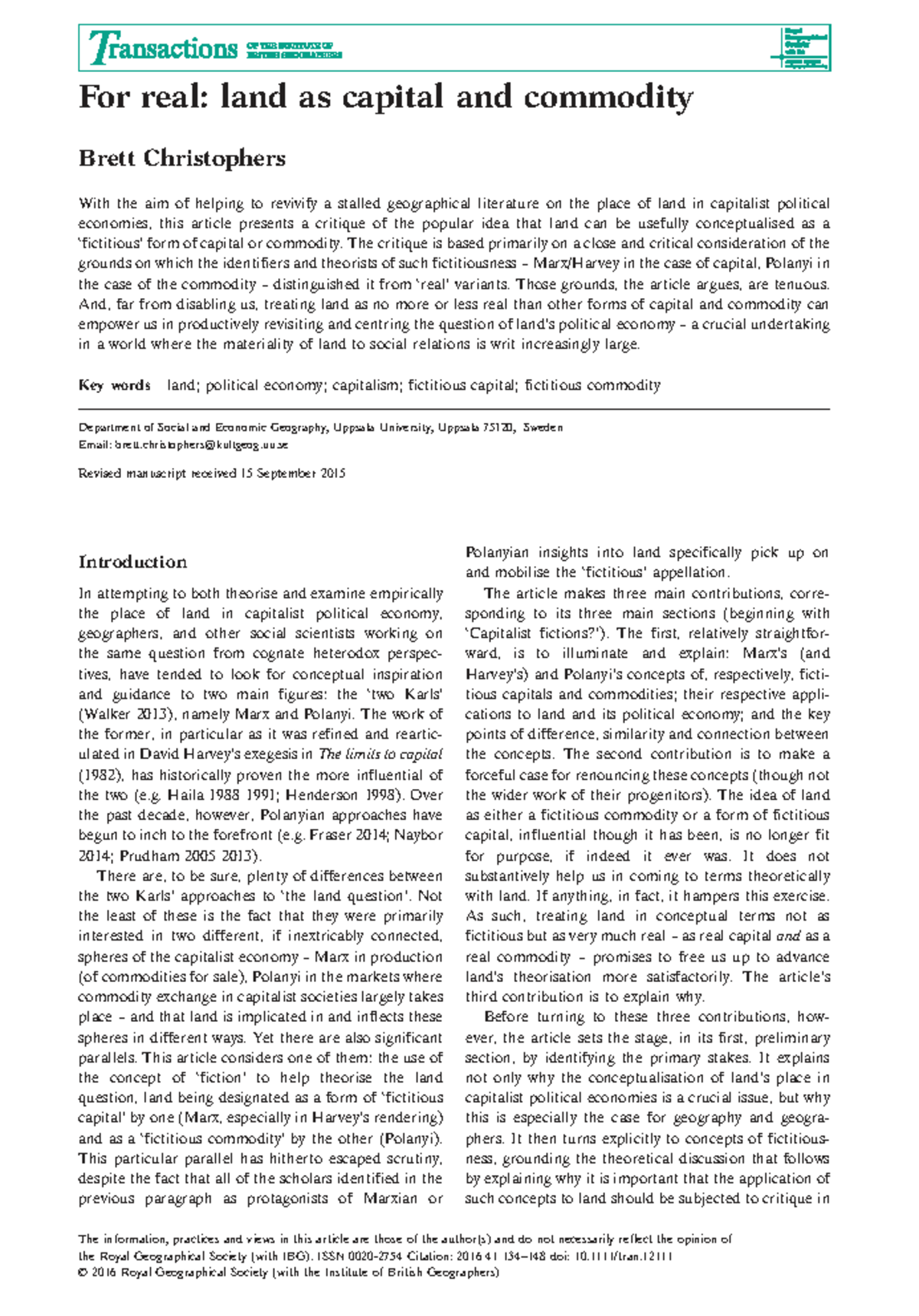 Paper 1: For Real - Land as Capital and Commodity Analysis - Studocu