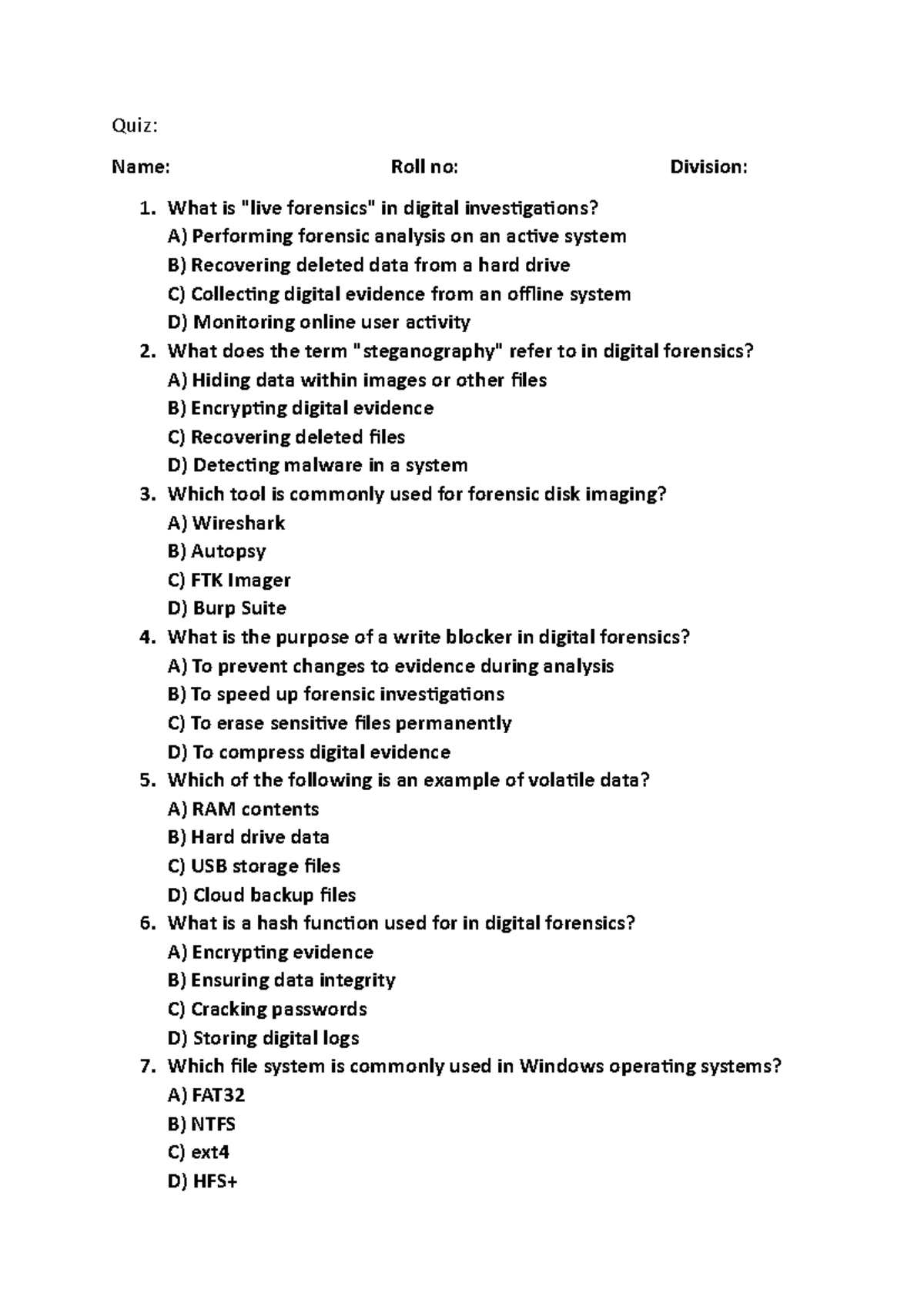 Quiz: Digital forensics concepts and tools (CS101) - Studocu