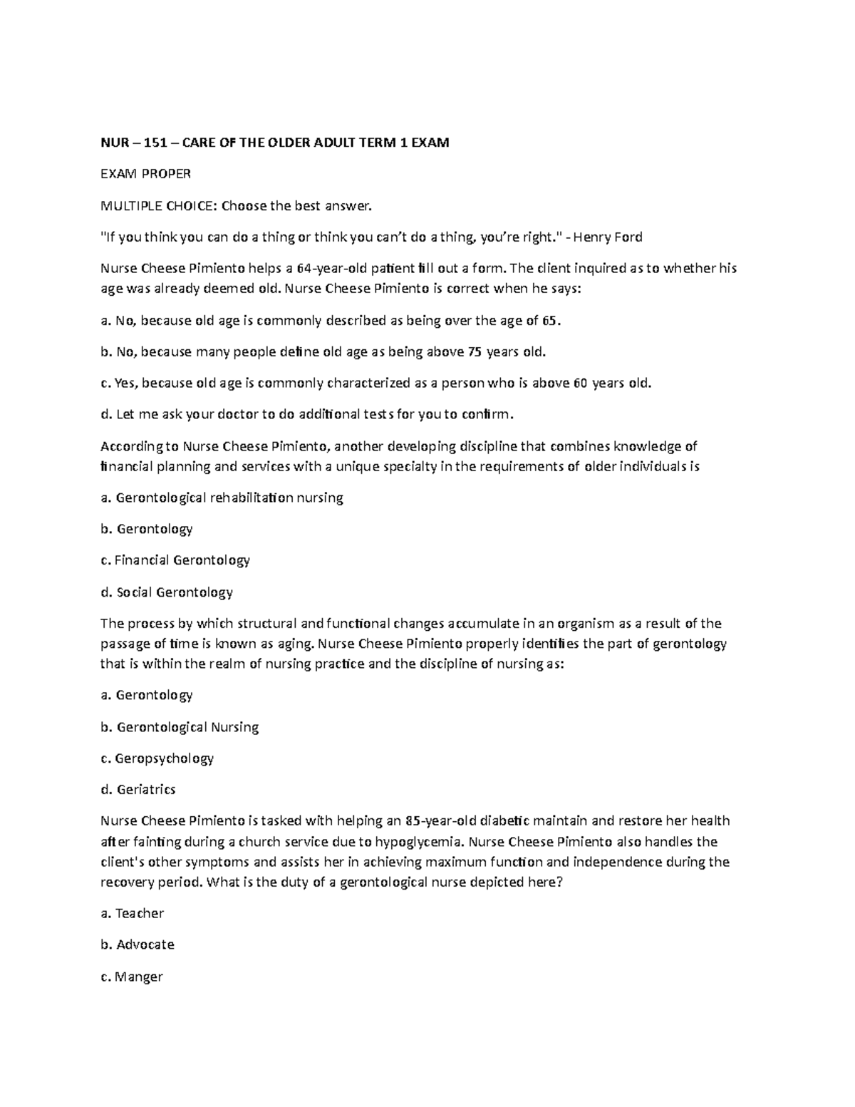 Geriatrics Examination for 3rd year students - Nursing - BSU - Studocu