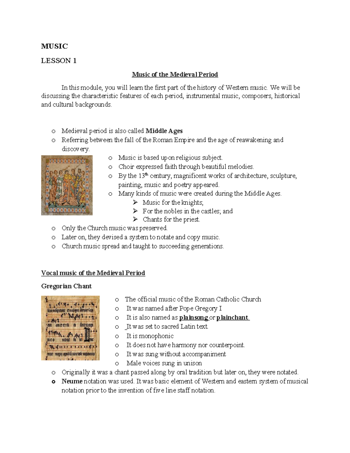 Grade 9 Music & Arts Q1 Mod 1: Medieval to Renaissance Overview - Studocu