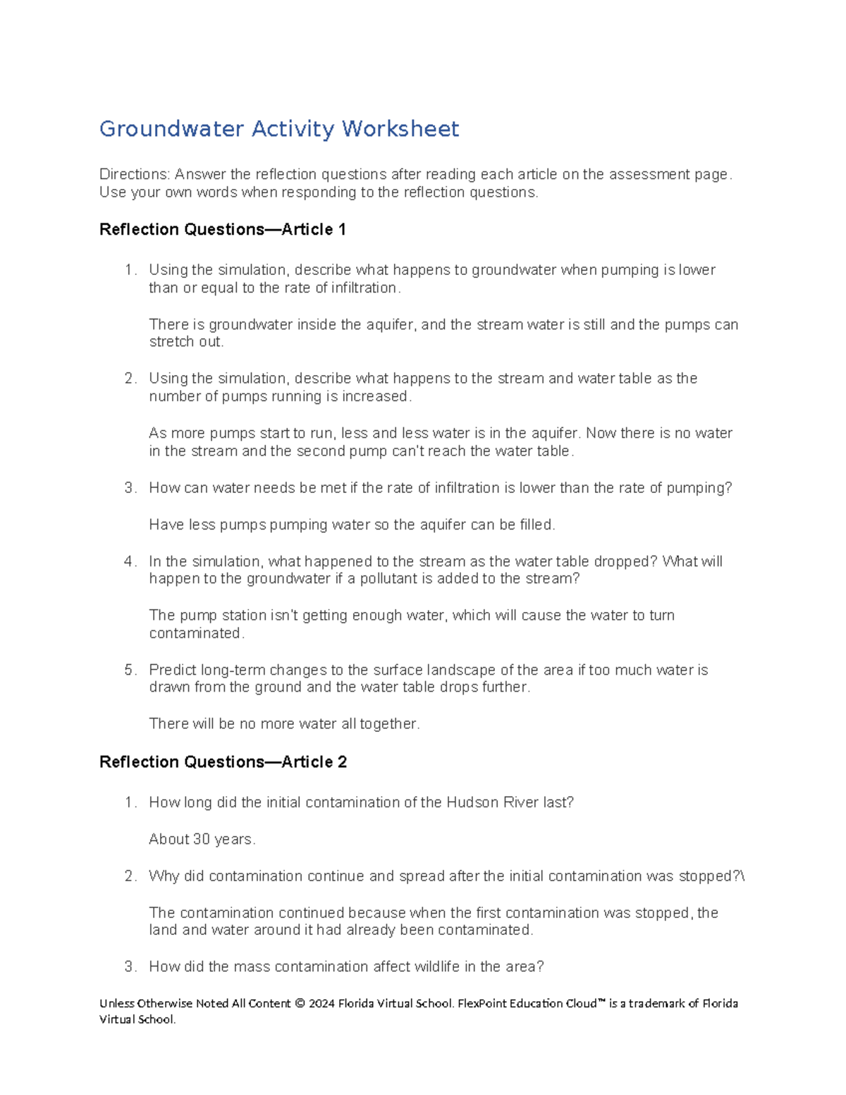 Groundwater Activity Worksheet: Reflection Questions & Analysis - Studocu