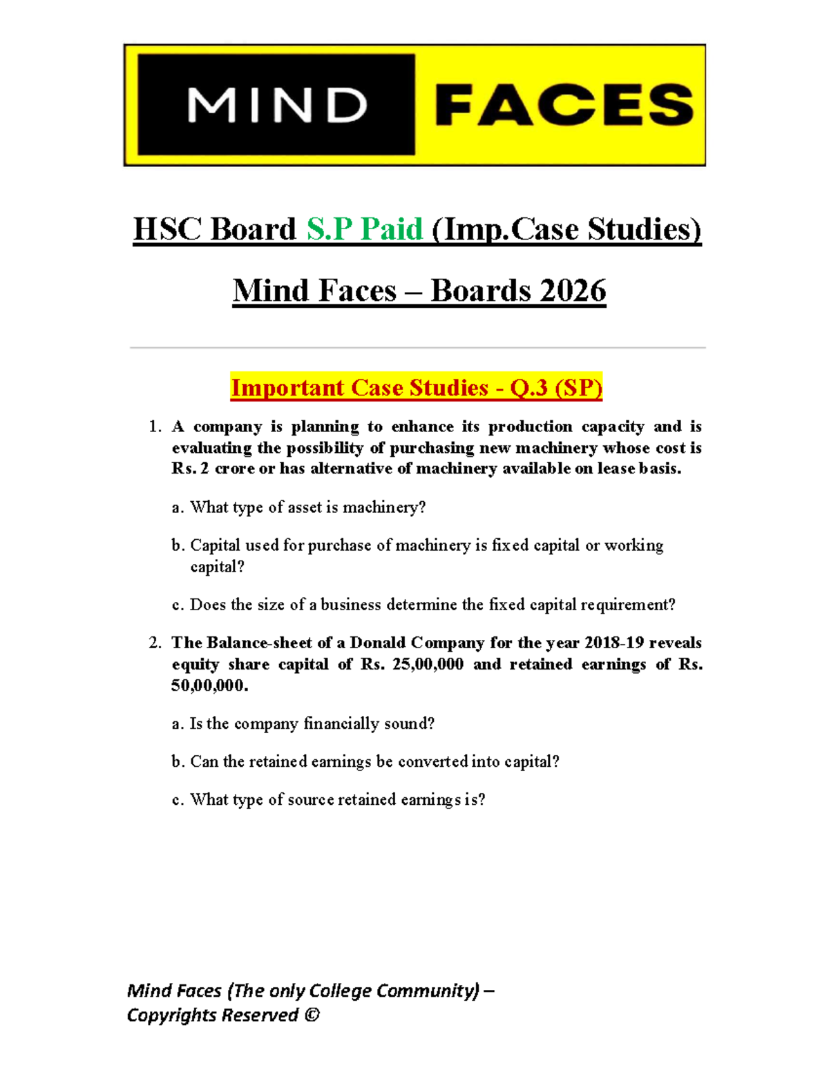 Mind Faces - HSC Board S.P Important Case Studies 2026 - Studocu