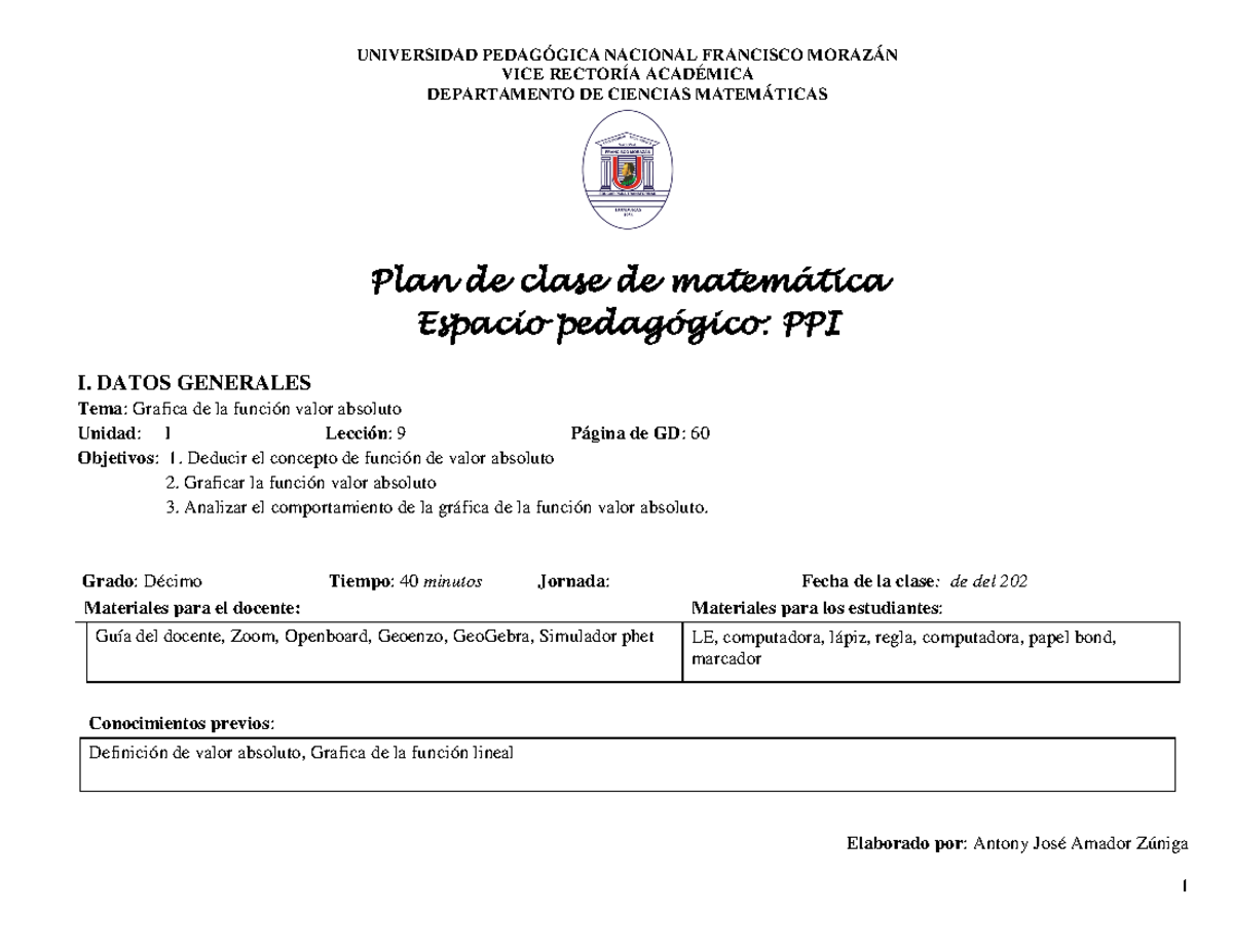 Plan de clase de Matemáticas: Gráfica de la Función Valor Absoluto (PPI ...