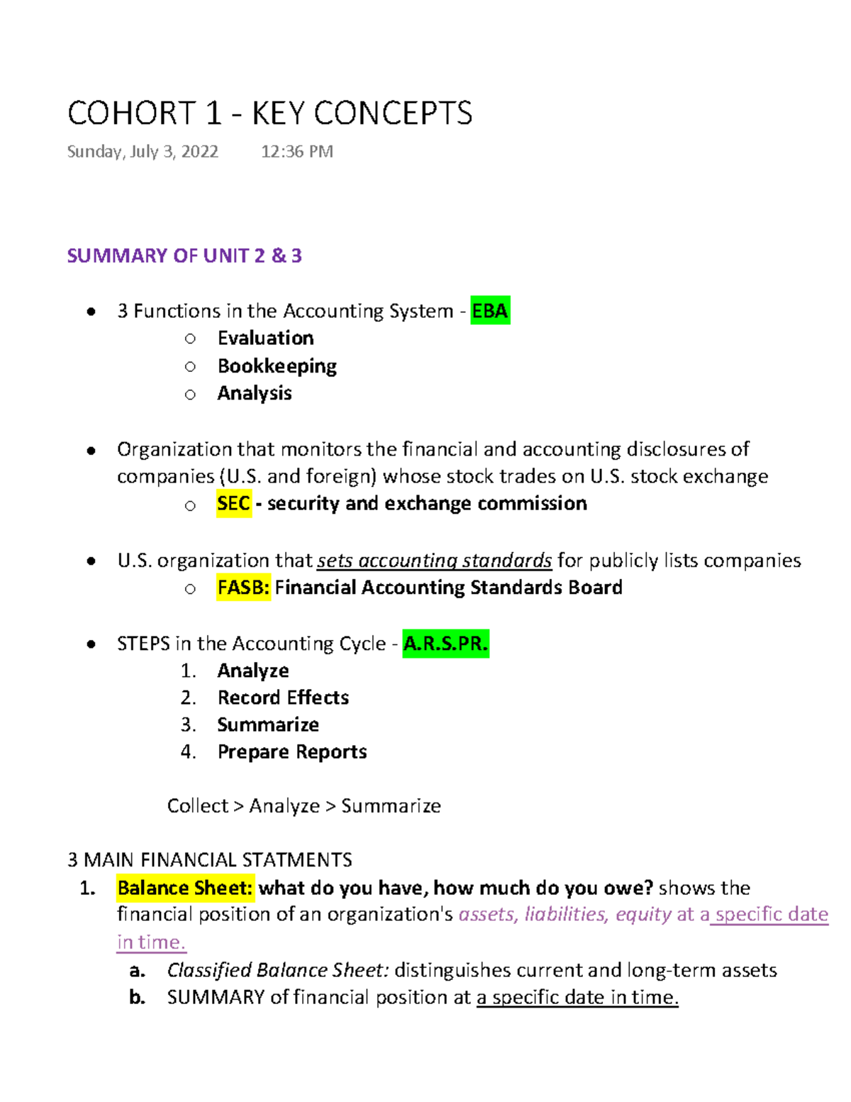 Cohort 1 - KEY Concepts - SUMMARY OF UNIT 2 & 3 3 Functions in the ...