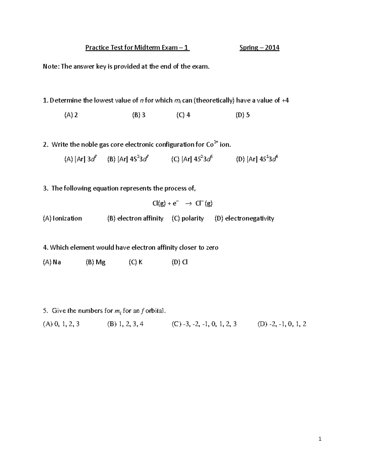 Midterm Practice Test T-1 Chem 3001: Answer Key & Questions - Studocu