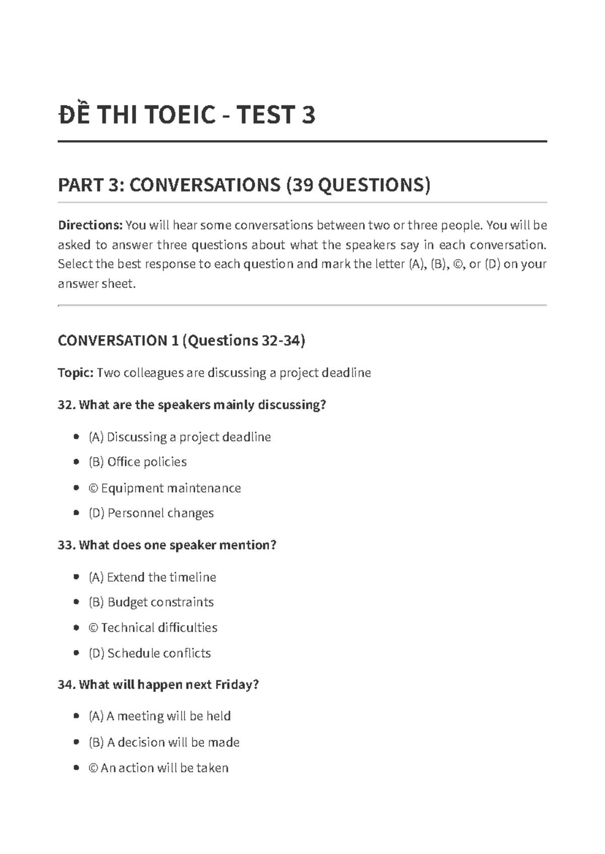 ĐỀ THI TOEIC TEST 3: PART 3 - PRACTICE CONVERSATIONS (39 QUESTIONS ...