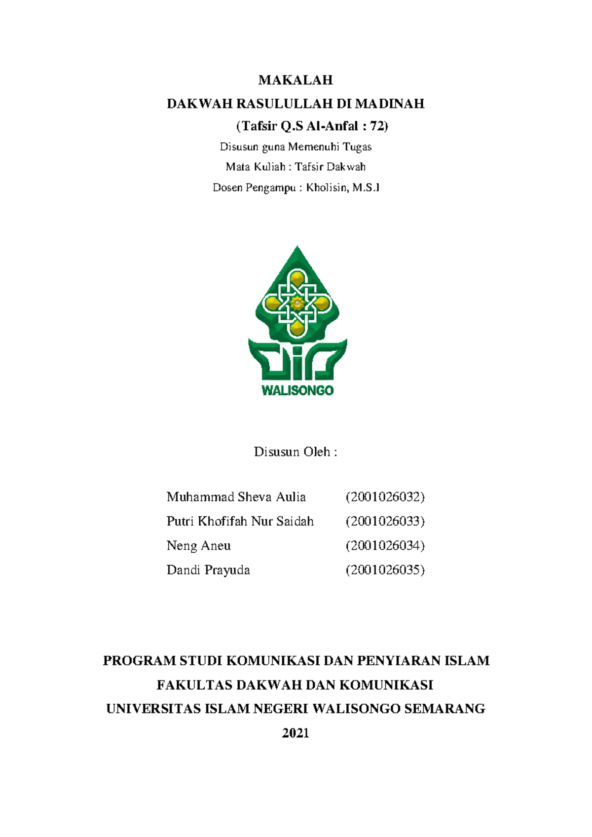 Makalah Dakwah Rasulullah di Madinah (Tafsir Q.S Al-Anfal: 72) - Studocu